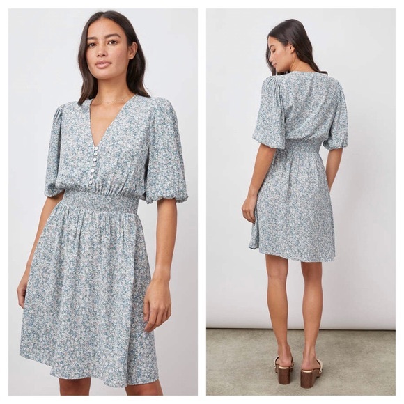 Rails | Dresses | Rails Blue Floral Puff Sleeve Smocked Mini Dress ...
